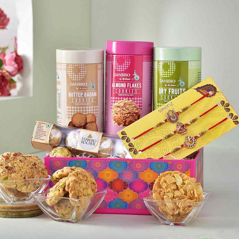 Send Set of 3 Devotional Rakhi and Cookie set Online