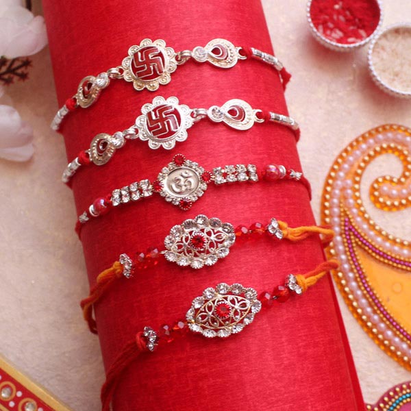 Send Divine silver Rakhi set of 5 Online